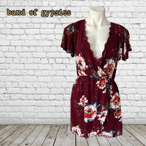 Band of Gypsies | Dresses | Band Of Gypsies Wrap Dress Burgundy Floral ...